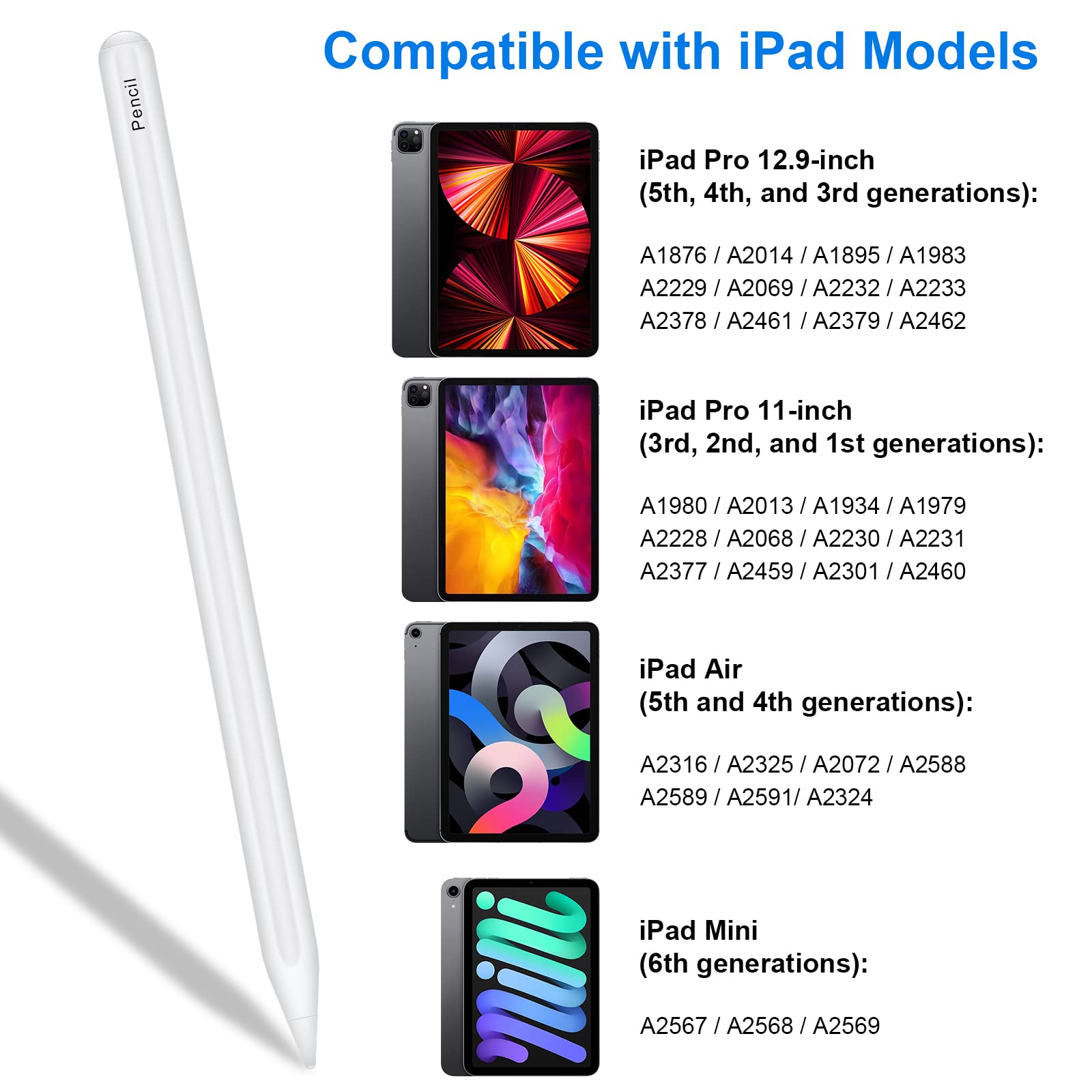 Stylus Pens Touch Screens for iPad, Palm Rejection, Wireless Pairing and Charging, Attaches Magnetically, Compatible with 2018-2022 Ipad Pro 11"/12.9", Ipad 10/9/8/7/6, Ipad Mini 6, Ipad Air 4/5/6