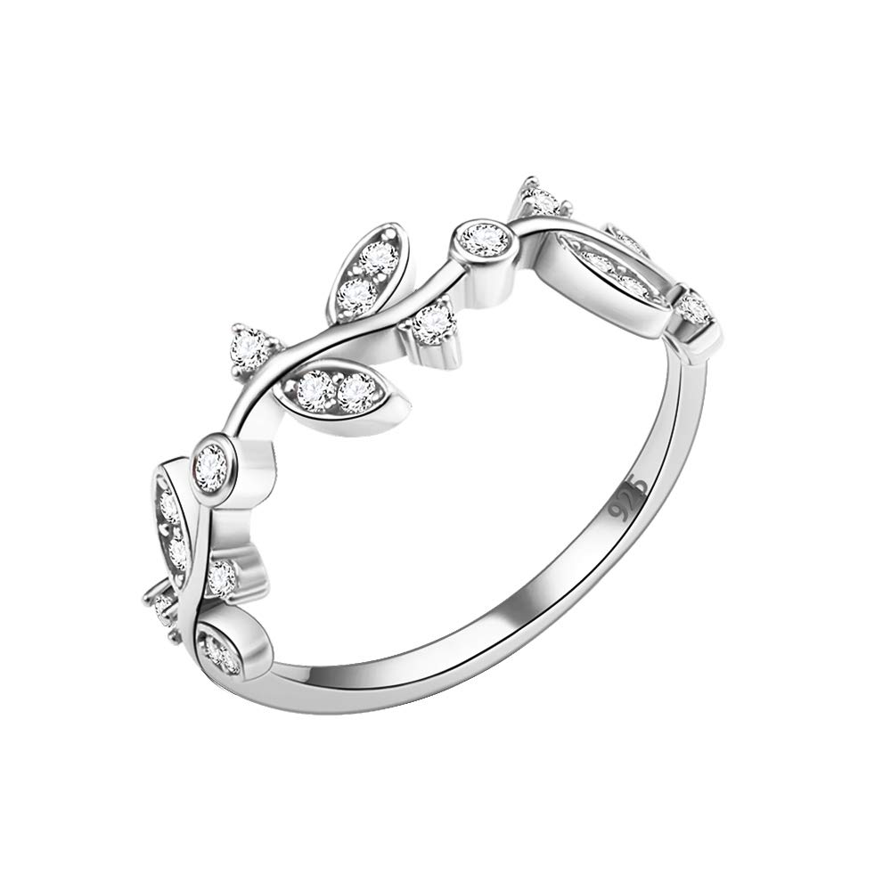 Lavencious Sterling Silver Curved Olive Branch with Clear CZ Stones Wedding Band Promise Ring for Women Size 5-10 (Silver, 8)