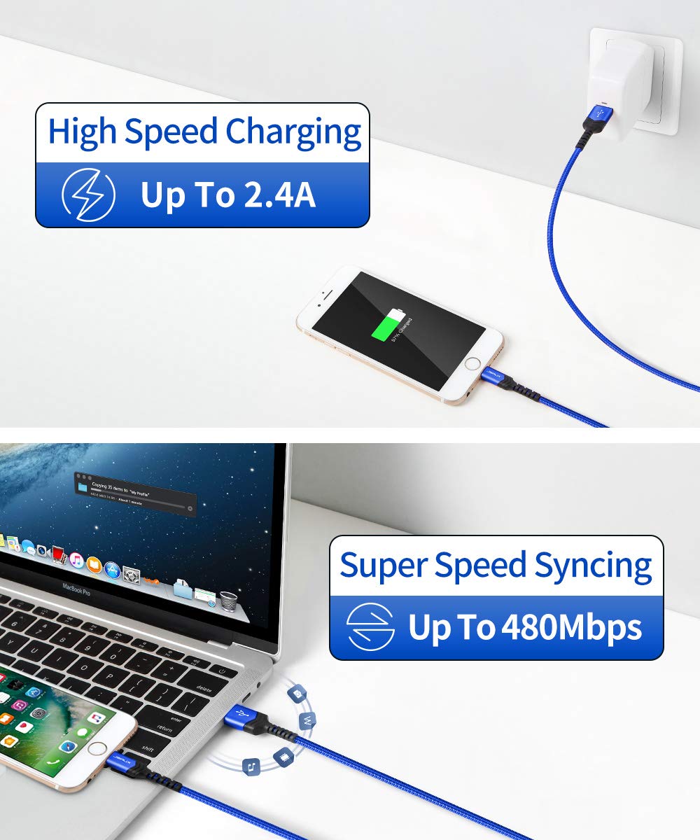 JSAUX iPhone Charger Cable [2-Pack 6ft], MFi Certified Lightning Cable iPhone Fast Charging Charger Cable Cord Compatible with iPhone 13 12 11 Xs Max X XR 8 7 6s 6 Plus 5, iPad, iPod - Blue