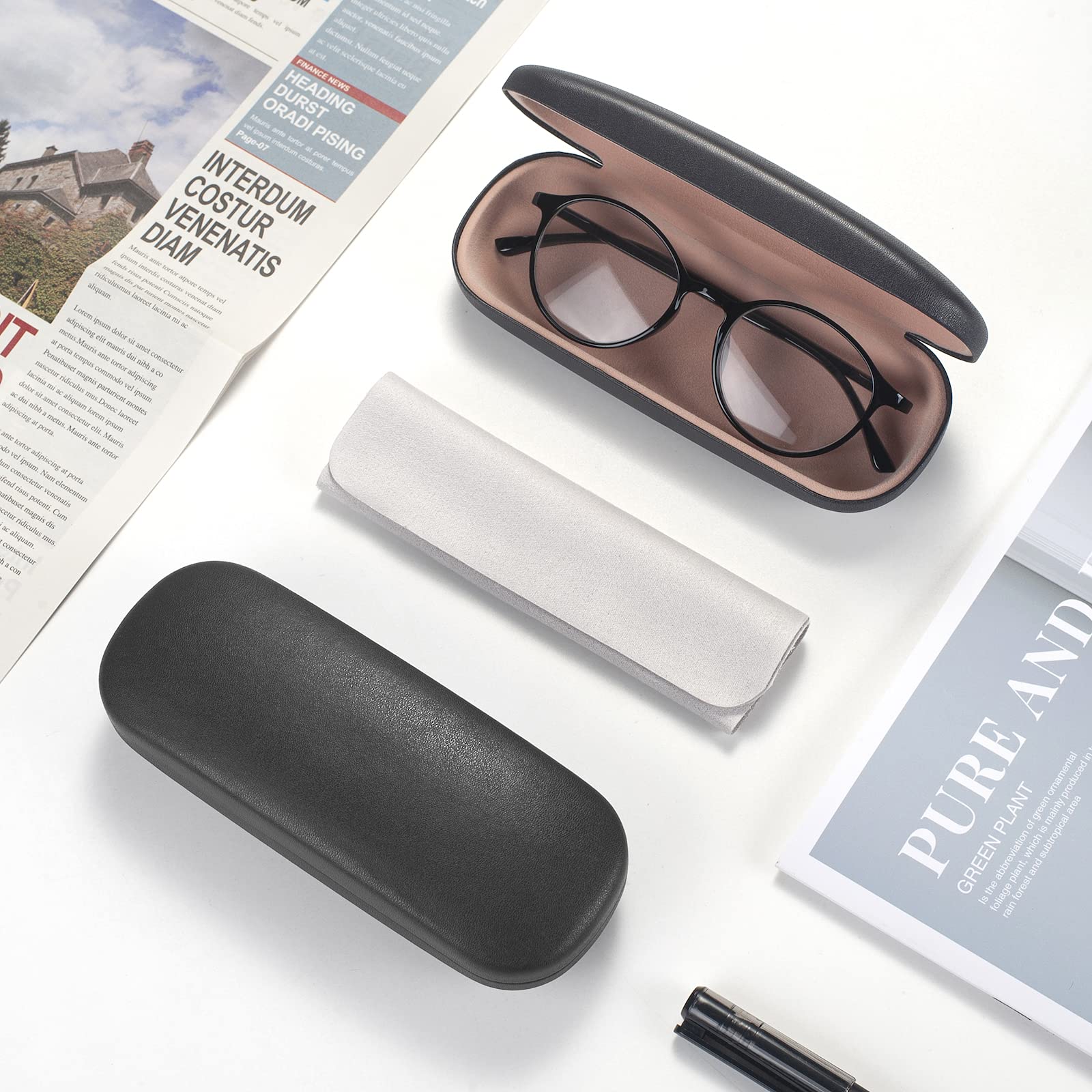 Marvolia Glasses Case Hard Shell Eyeglasses Case PU Leather Protective Case for Sunglasses Eyeglasses with Cleaning Cloth for Men Women - Black