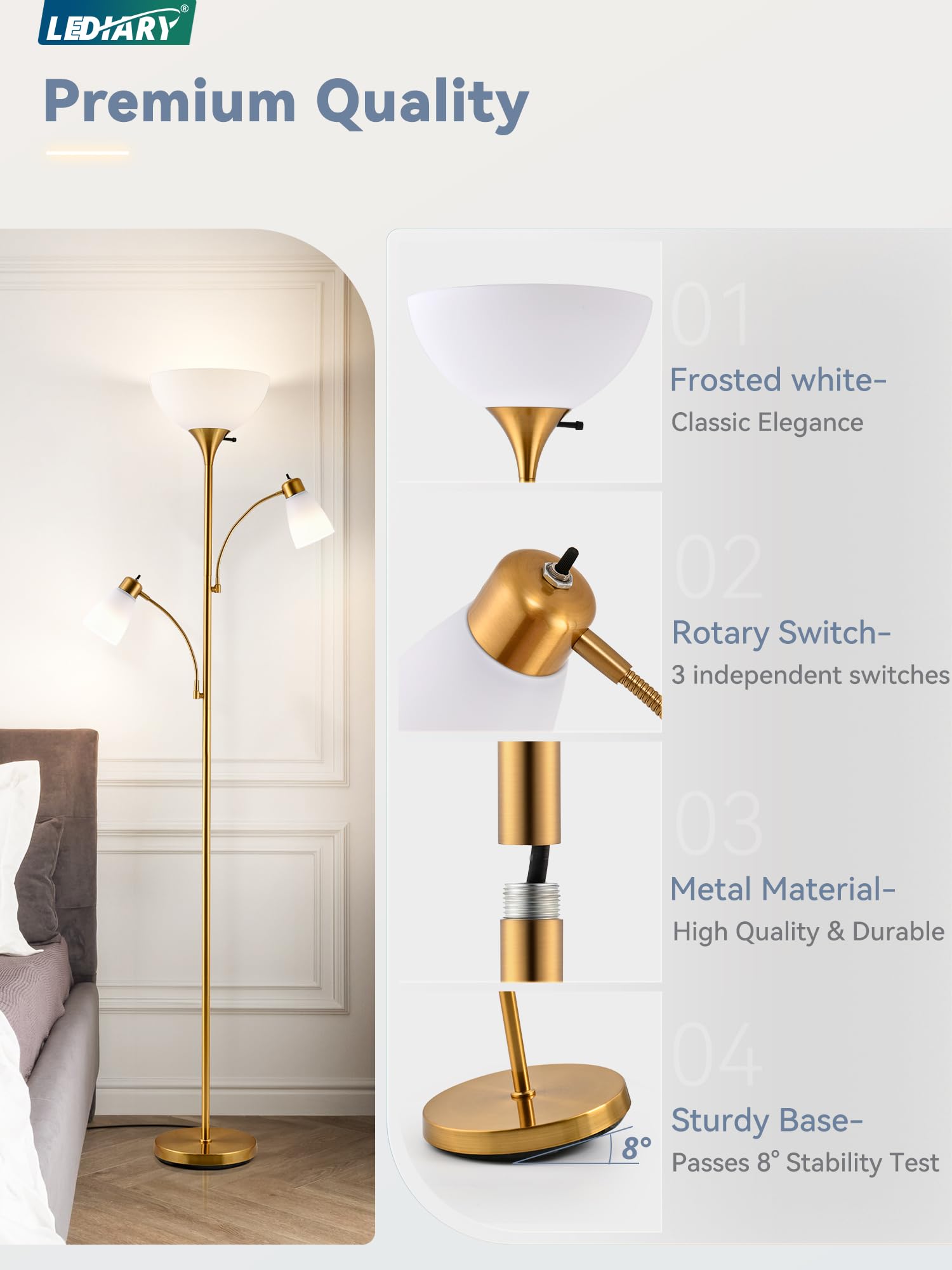 LEDIARY Torchiere Floor Lamp, 72 Inch Gold Standing Lamp with 2 Adjustable Reading Lamp, Modern Tall Floor Lamps for Living Room Bedroom Office, 3 Bulbs Included