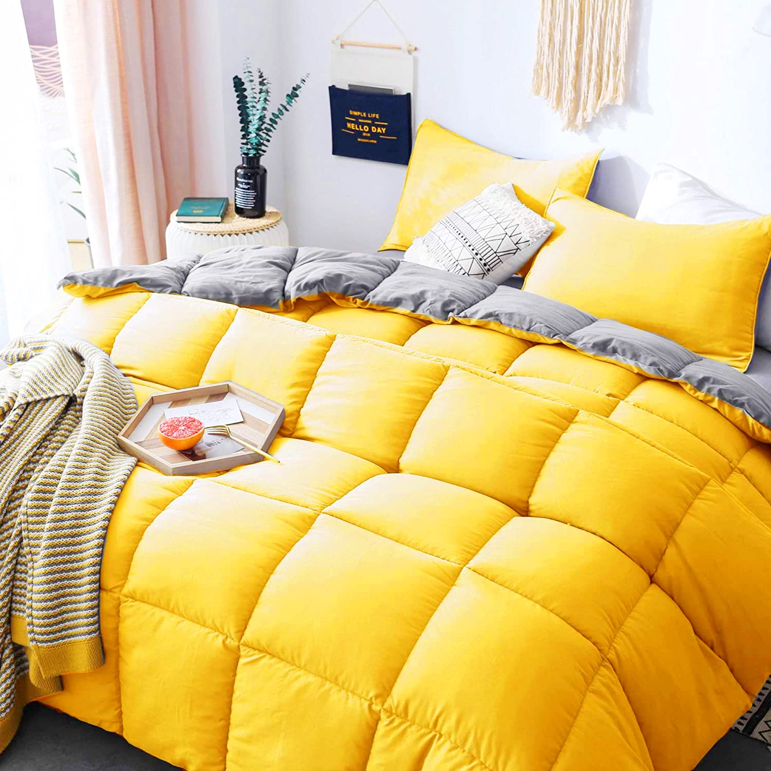 KASENTEX Dual-Sided Yellow and Grey Comforter Set, 2 Pieces Lightweight Teen Solid Bedding Set & Collections, All Season Fluffy Bed Set (68x88in Comforter & 1 Pillowcase)