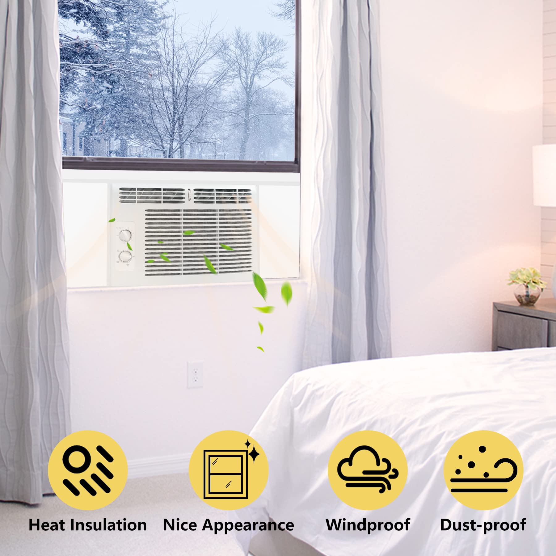 Powrocket Window Air Conditioner Foam Insulated Panel, 17-Inch High x 9-Inch Wide All Season Protection Window AC Side Panels Kit with Air Conditioner Top Seal Strip