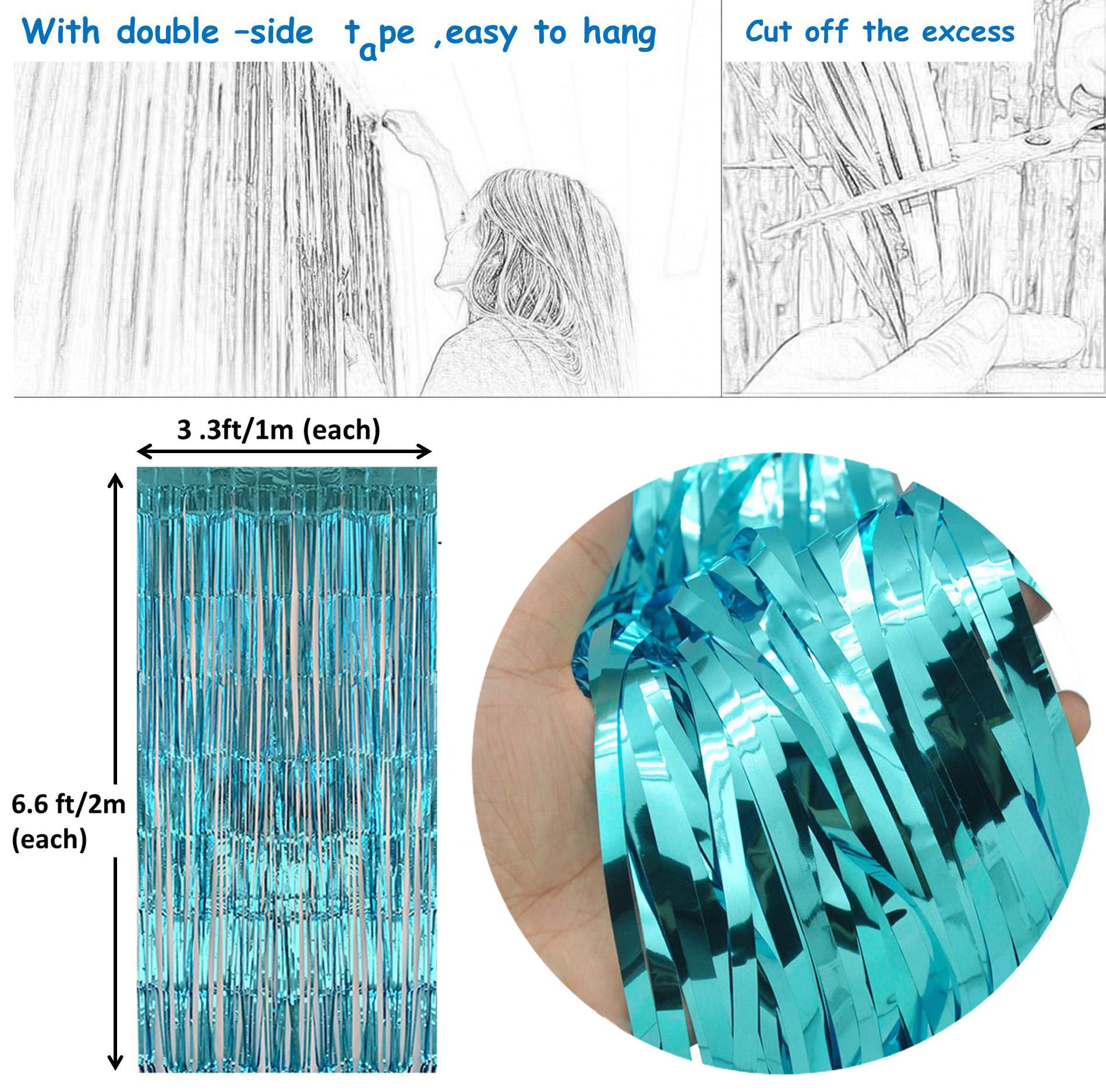 Moohome 2 Pack Teal Blue Foil Fringe Curtain, Fringe Backdrop Curtains for Birthday Wedding Engagement Bridal Shower Bachelorette Party Decorations