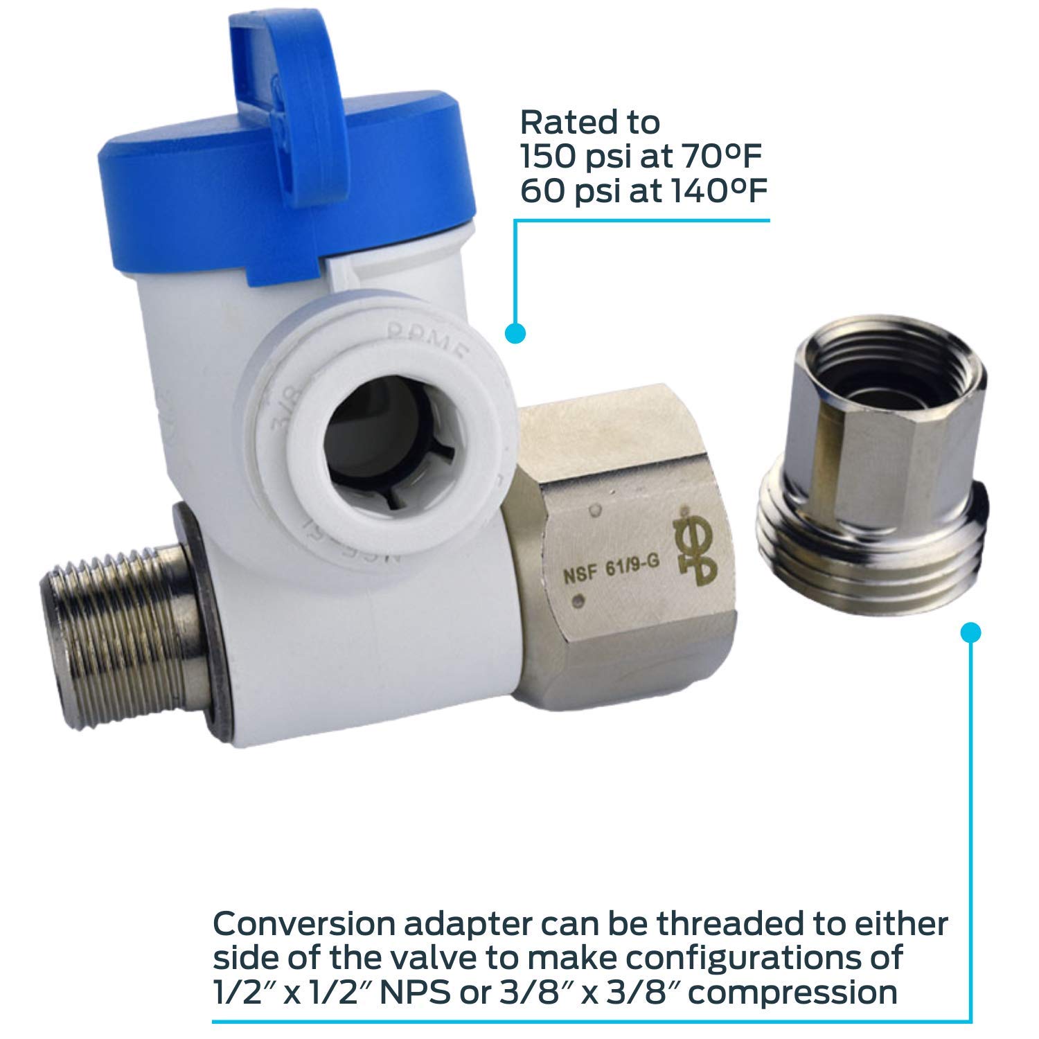 John Guest Speedfit 1/2 x 3/8 x 3/8 Inch Angle Stop Adapter Valve, Push to Connect Plastic Plumbing Fitting, ASVPP6LF-US