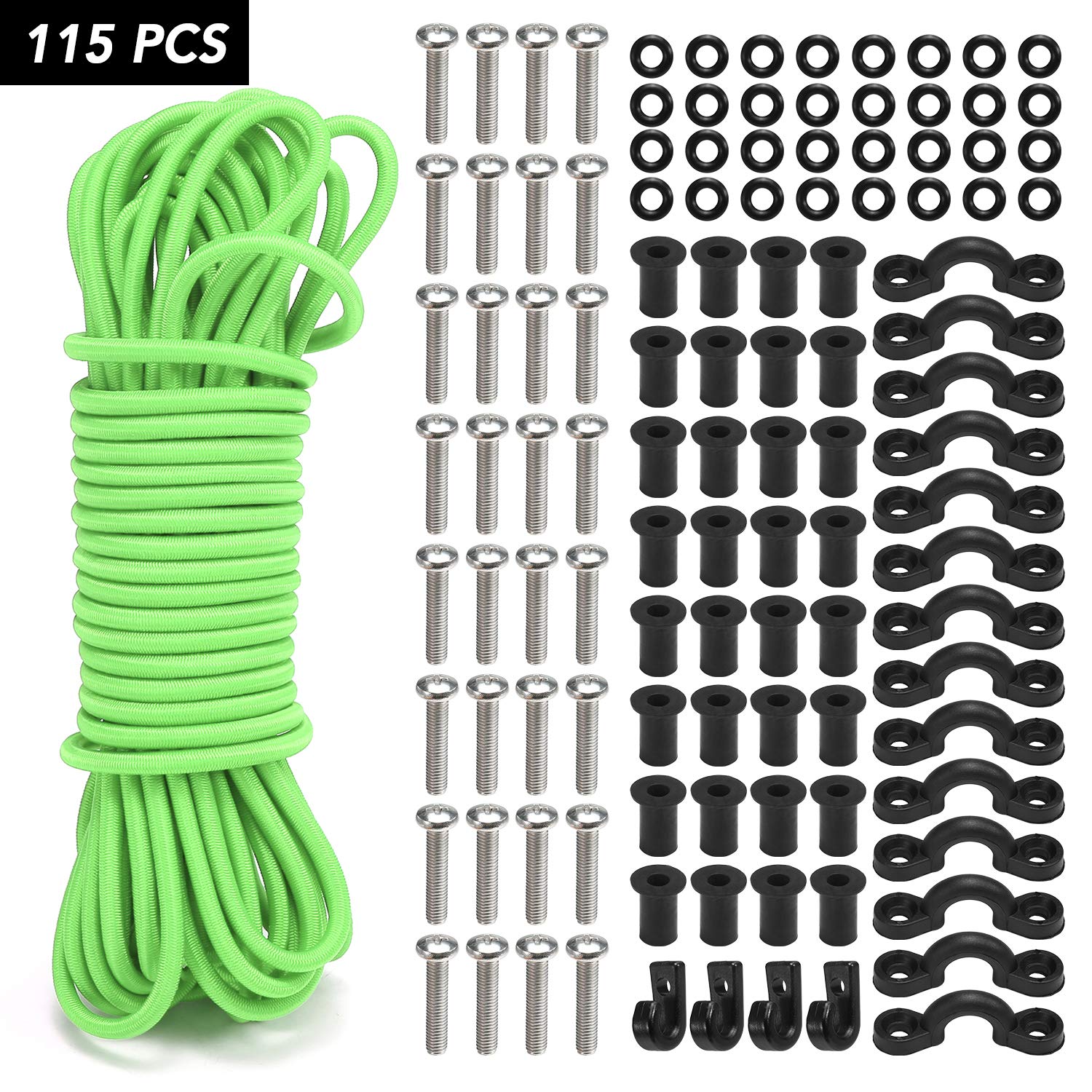 LIXADA 115pcs Deck Rigging Kit Accessory with 19.7ft Bungee Cord Deck Loops Tie Down Pad Eyes Wellnuts for Kayaks Canoes and Boats