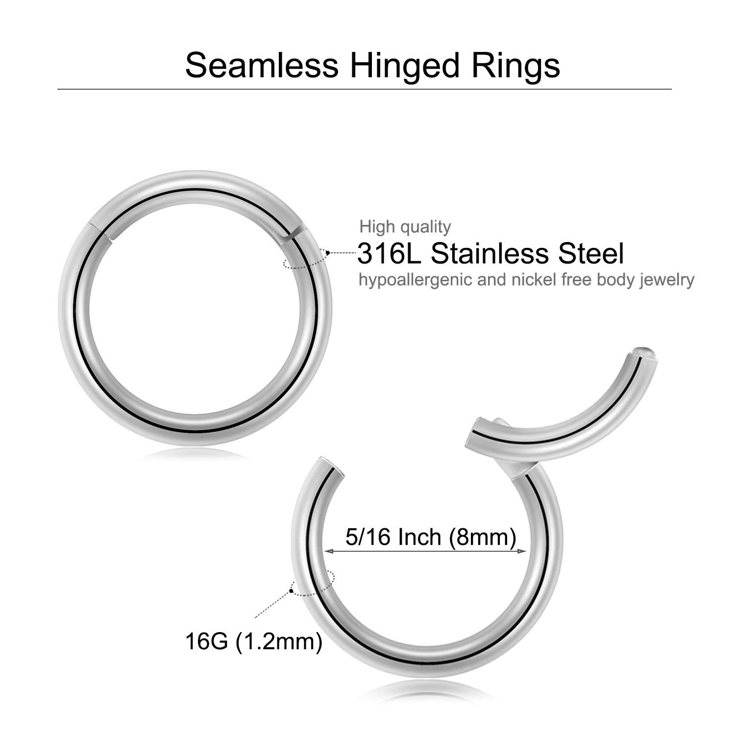 Kangyijia 16G 5/16" Segment Seamless Hinged Clicker Septum Nose Rings Clear CZ Piercing Captive Beads Clicker Piercing 3Pcs
