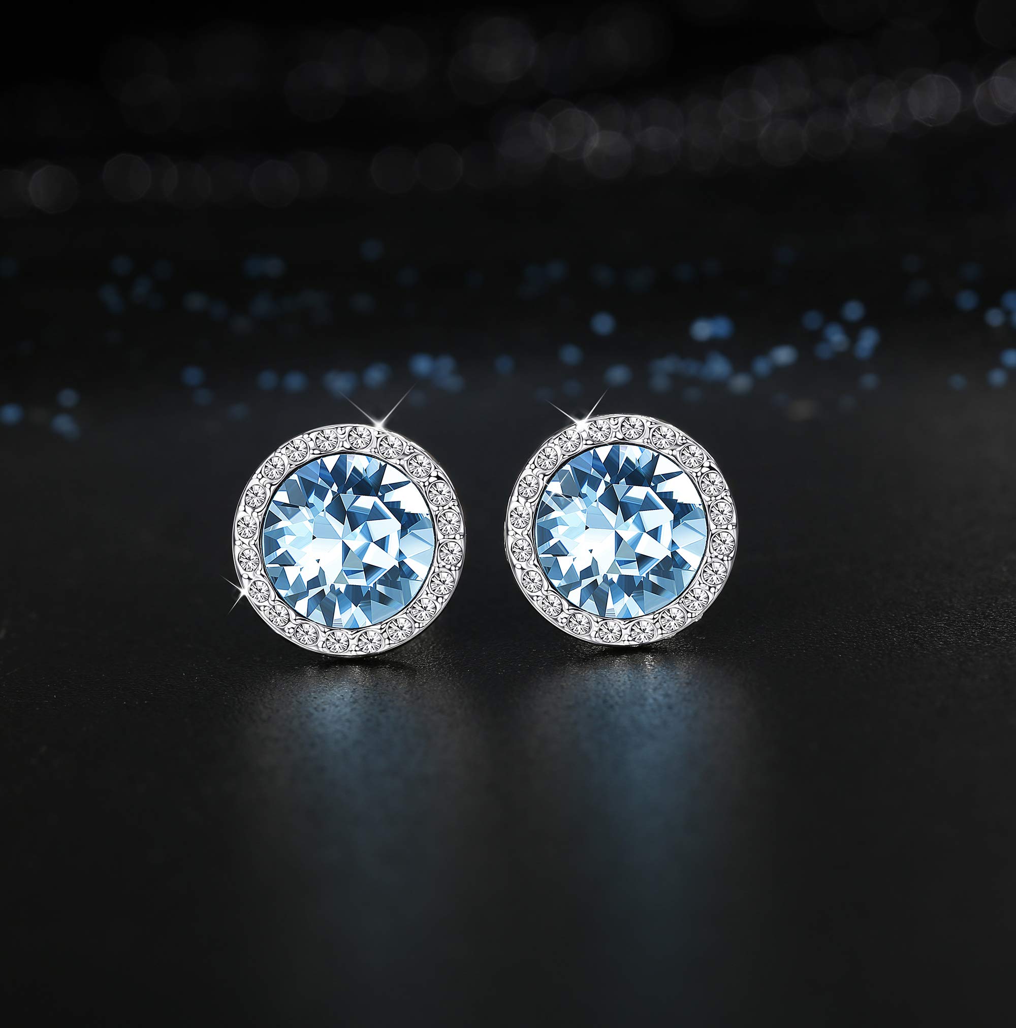 KesaPlan Sterling Silver Crystals Stud Earrings for Women, Made of Austria Crystals, Round-Cut Rhinestone Halo Bridal Earring Hypoallergenic Blue