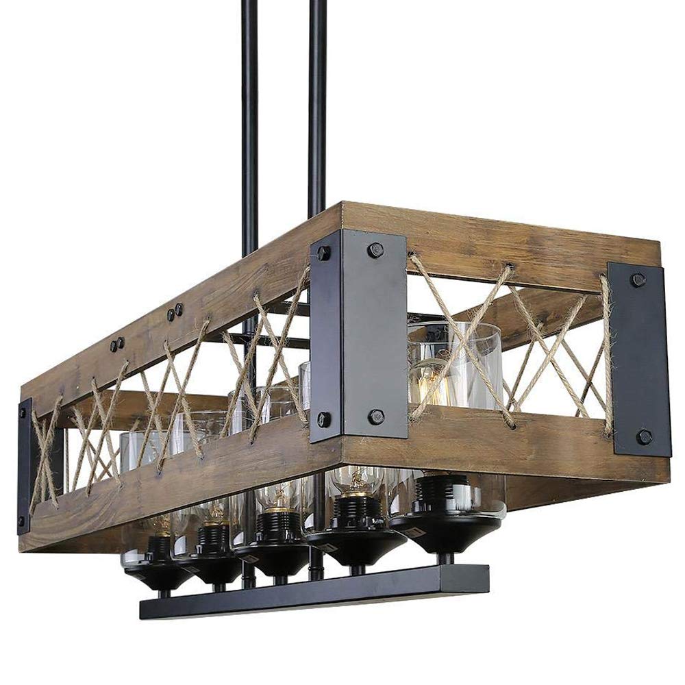 LEDMO 40" 5-Light Kitchen Island Lighting, Rustic Island Pendant Light Fixture, Wood E26 60W UL Listed(LED Bulbs Include)