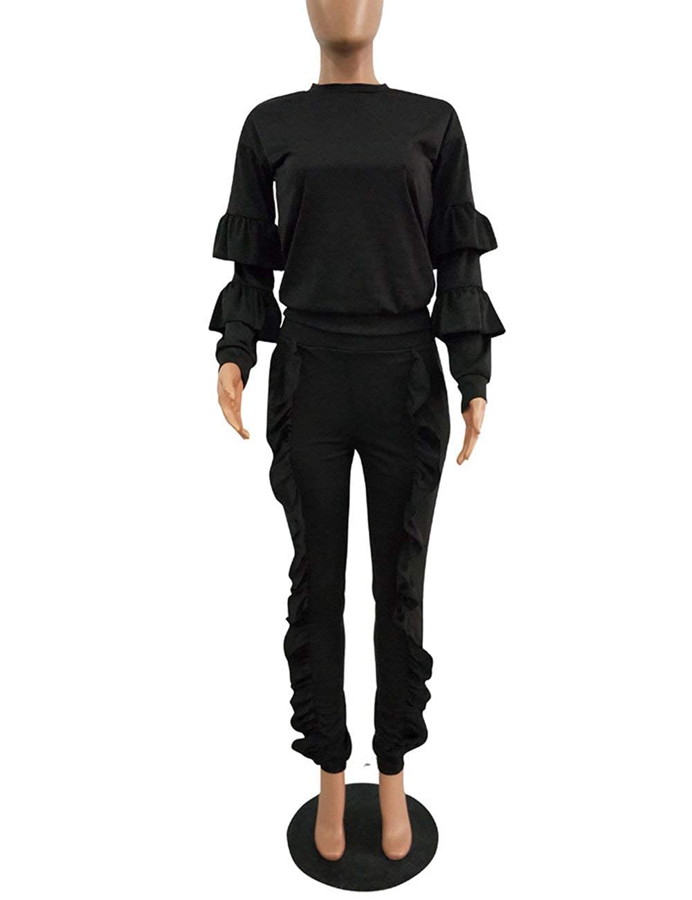 KANSOON Women 2 Pieces Outfits Long Sleeve Sweatshirt and Bodycon Ruffle Sweatpants Tracksuits Black Large