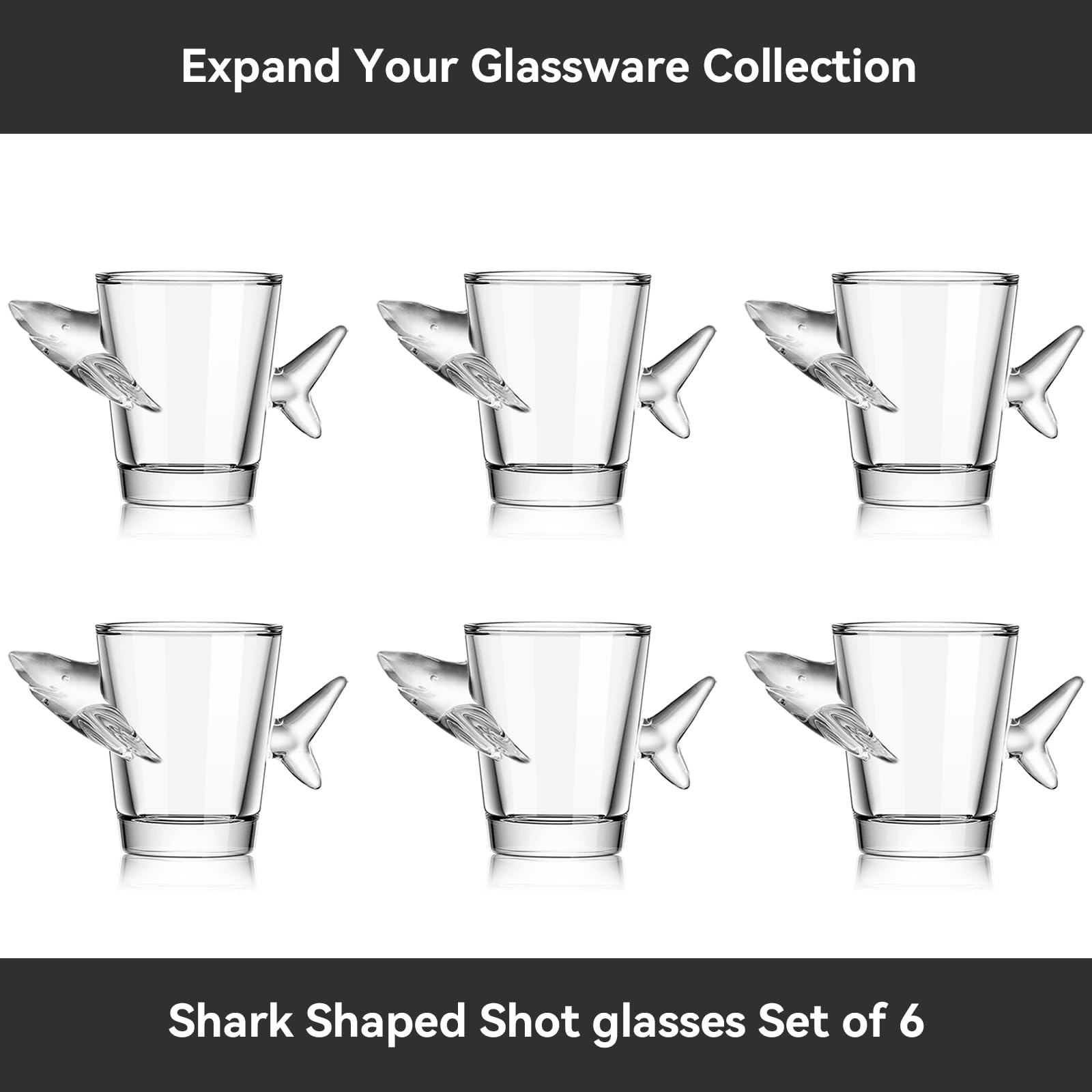 Tirplorare Shot Glasses - Unique and Durable Shark-shaped Glassware Set of 6 for Bartending and Party Supplies