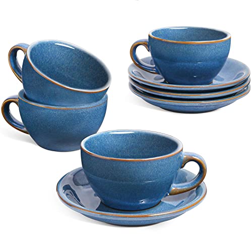 LE TAUCI 6 oz Cappuccino Cups with Saucersļ¼Ceramic Coffee Cup for Au Lait, Double shot, Latte, Cafe Mocha, Tea - Set of 4, Ceylon Blue