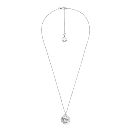 Michael Kors Brass and Pavé Crystal MK Logo Pendant Necklace for Women, Color: Silver (Model: MKJ8009040)
