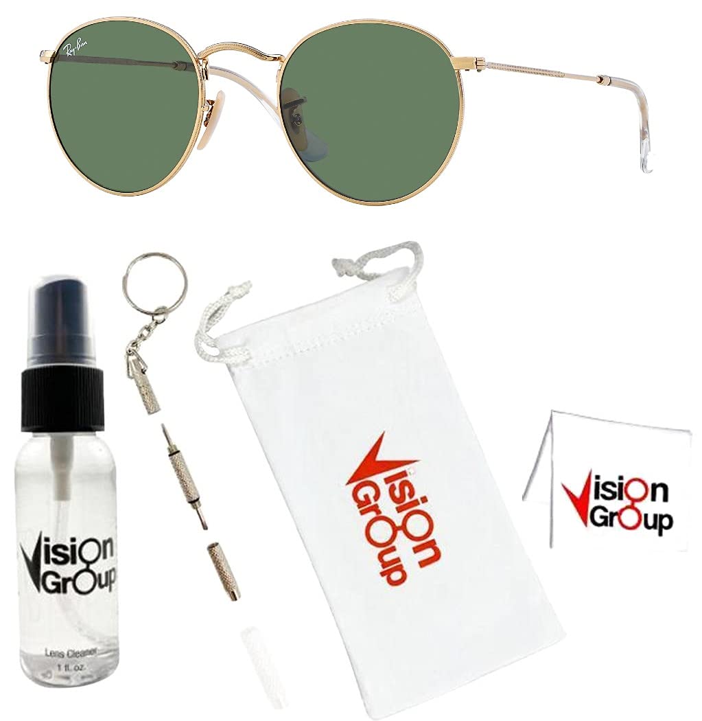 Ray-Ban RB3447 Round Metal Sunglasses + Vision Group Accessories Bundle (Matte Gold/Brown Mirror Pink (112/Z2), 50, Millimeters)