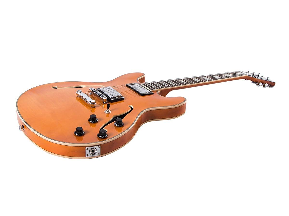 Monoprice 6 String Semi-Hollow-Body Electric Guitar, Right, Orange (610924)