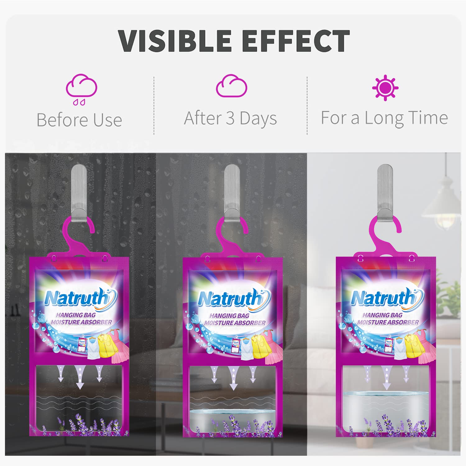 NATRUTH 12-PACK Moisture Absorber Bags With Lavender,Desiccant Hanging Bag Use for Kitchen Bathroom Wardrobe, Eliminates Odors,Odor Absorber Humidity Packs, Hanging Closet Dehumidifier Bags for Closet