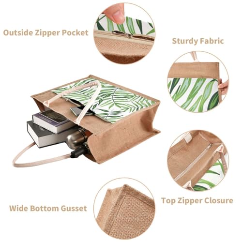 Jute Burlap Tote Bag Tropical Palm Leaves Exotic Watercolor Summer Green Large Capacity Reusable Grocery Shopping Storage Bag