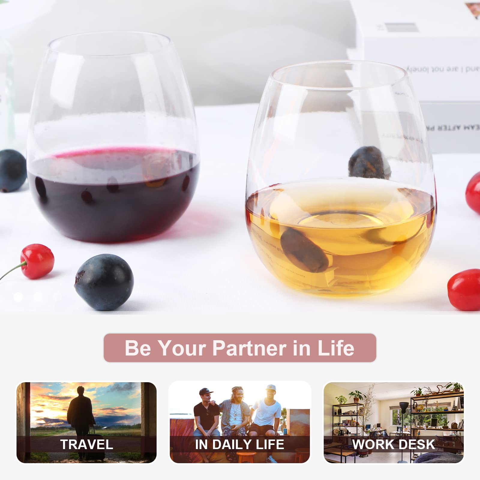 MICHLEY 18oz Red White Stemless Wine Glasses Tritan Plastic-Shatterproof Drinking Tumbler, Dishwasher Safe Drinkware for Parties Camping, Set of 4