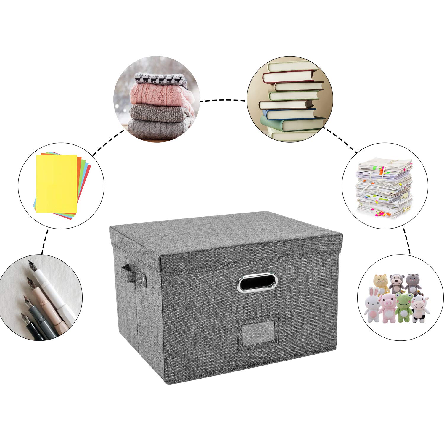 JSungo 2 Pack File Box with 10 Hanging Filing Folders, Document Organizer Storage with Lid, Collapsible Linen Hanging Filing Organization, Office Portable Storage with Handle, Grey