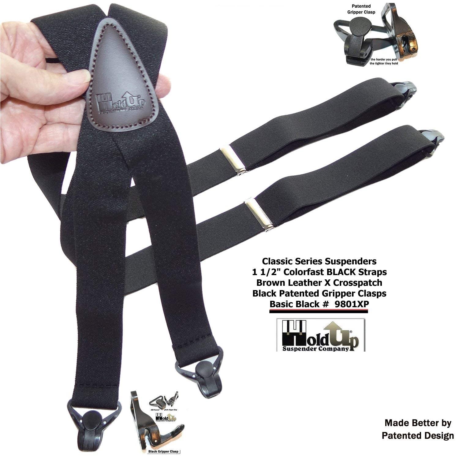 HoldUp Brand Classic Series Black 1 1/2" Suspenders for Men with USA Patented Black Gripper Clasp