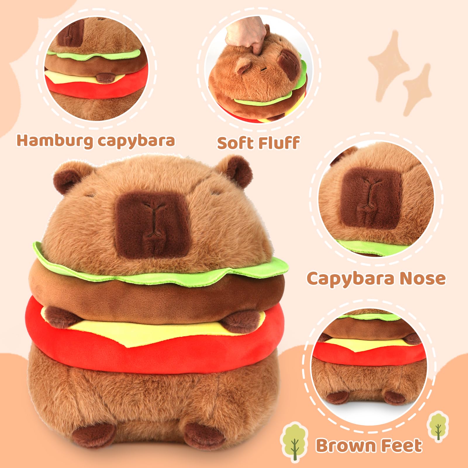 Riuhot Cute Hamburg Capybara Plush Pillows Soft Capybara Stuffed Animals Capybara Plushie Birthday Christmas Valentine's Day Gift for Kids(7.87in)