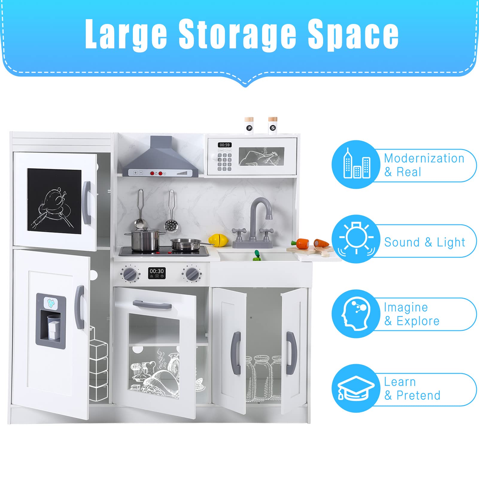 Kids Kitchen Playset, Wooden Chef Pretend Play Set with 20 PCS Cookware Accessories, Wooden Cookware Pretend with Ice Maker, Microwave, Oven, Range Hood, Sink, Real Lights & Sounds,White