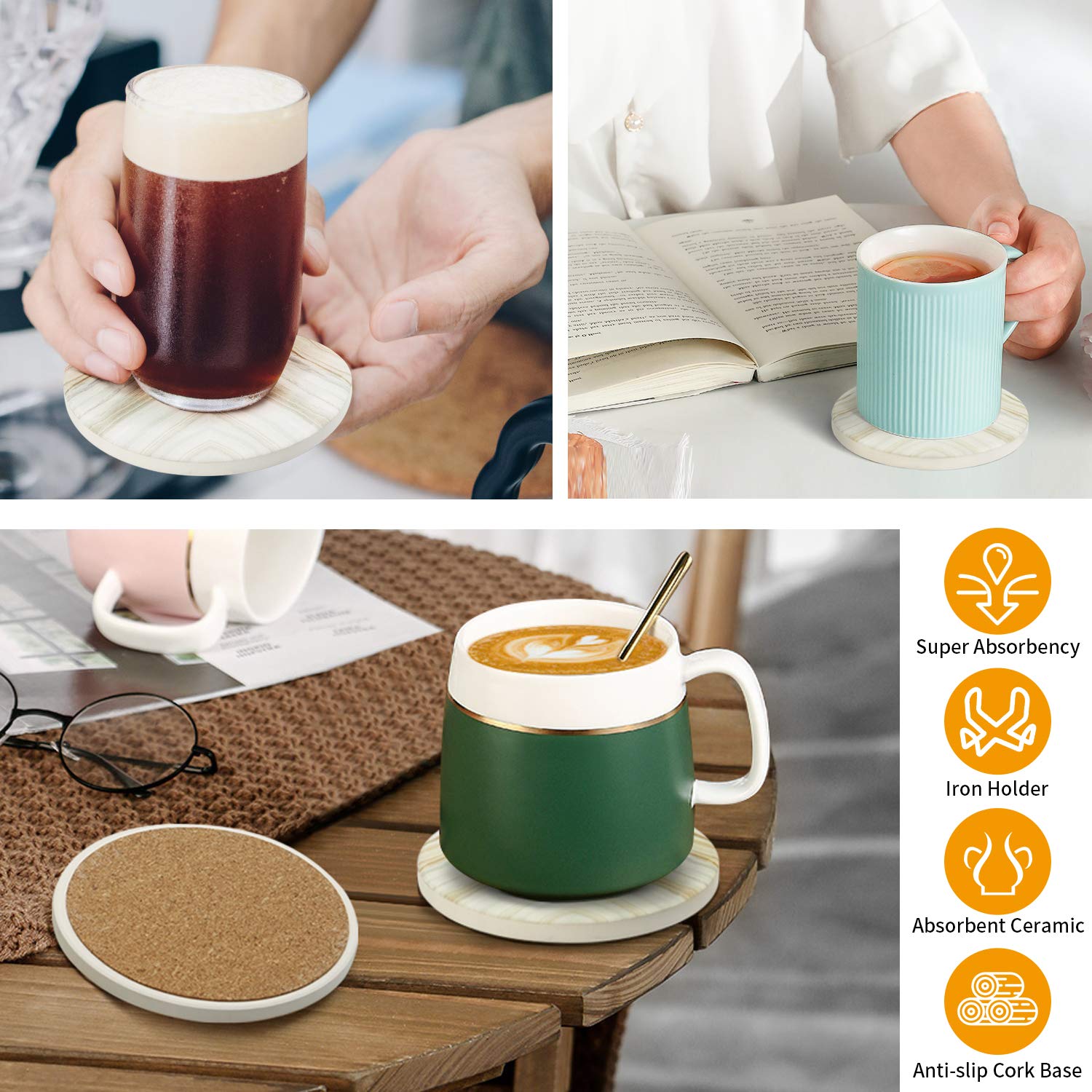 Joda Absorbent Drink Coasters Sets with Holder, Ceramic Stone Coasters with Cork Base, 6 Pcs Novelty Gift Set, 4 Inches Suitable for All Kinds of Mugs and Cups for Home, Office