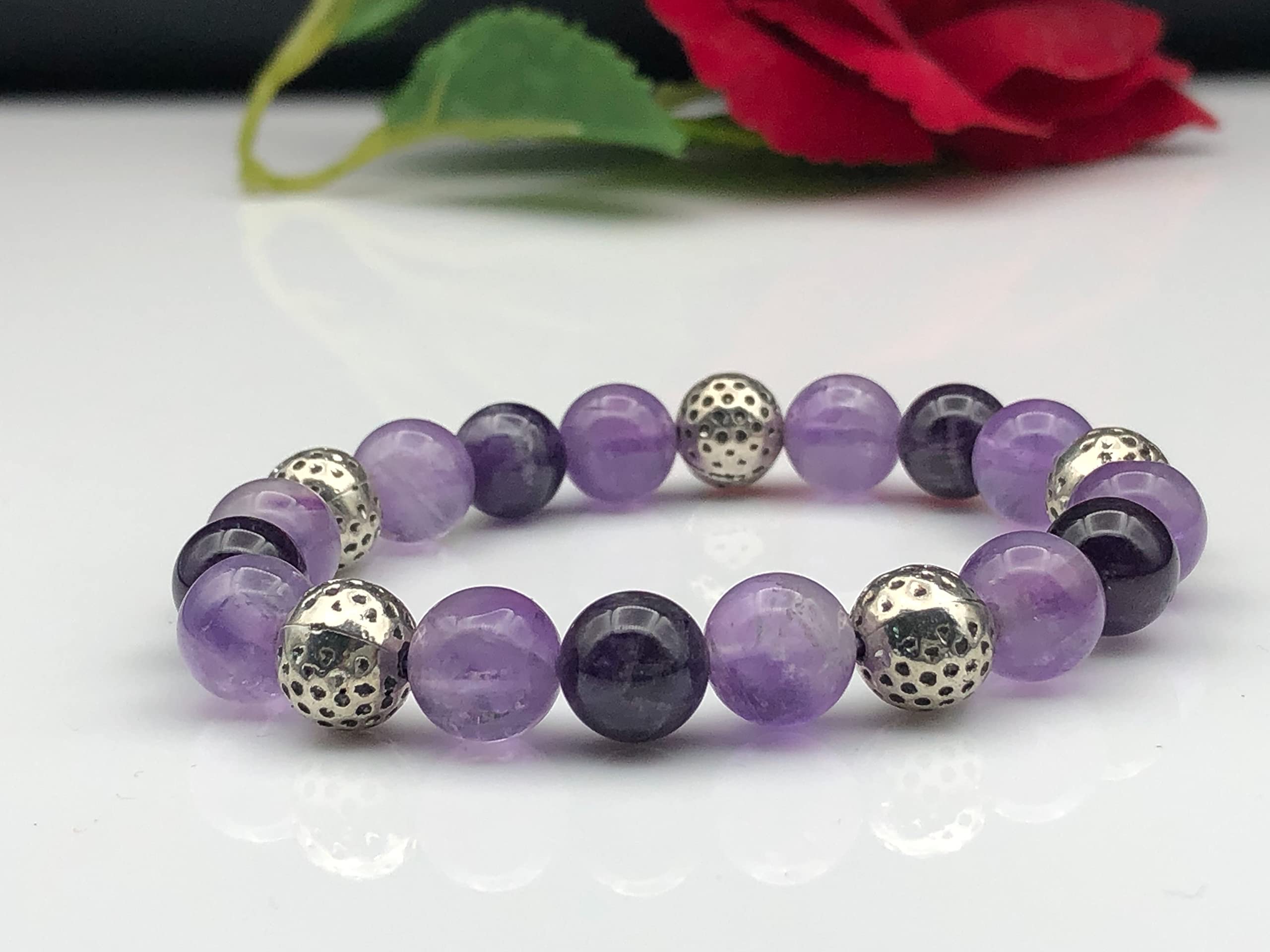 Natural Amethyst With Brass Beads Beaded Stretchable Bracelet
