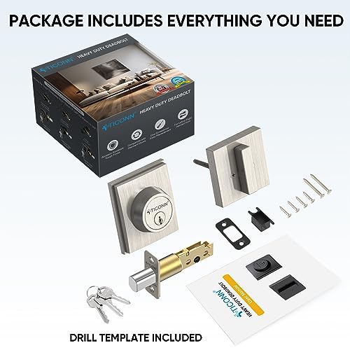 TICONN Front Door Handle Set, Heavy Duty Square Door Lever & Single Cylinder Deadbolt Combo Reversible for Entrance Exterior Doors (Deadbolt Only)