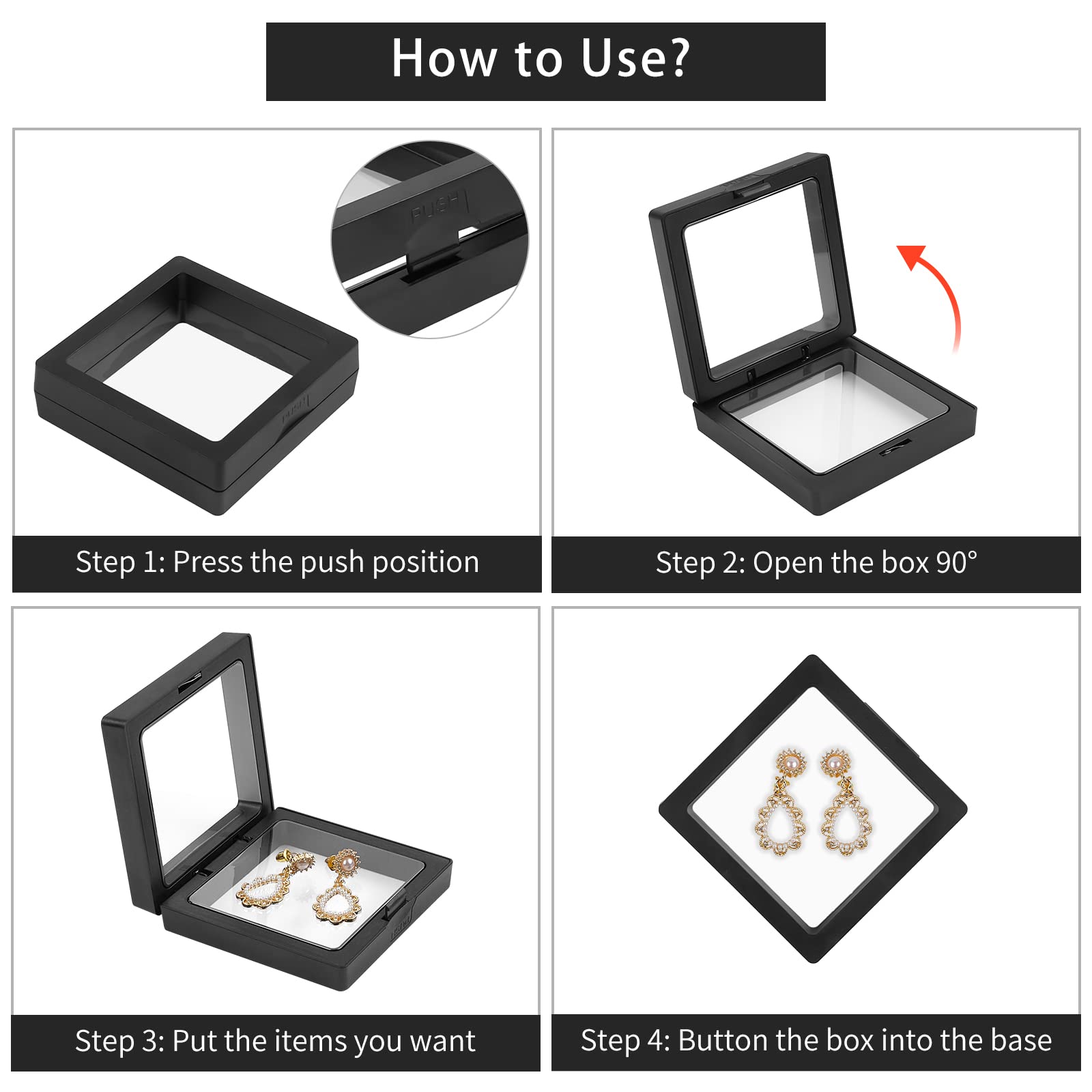 Jutieuo 4Pcs 3D Floating Frame with Stand, Challenge Coin Display Holder, Small Shadow Box for Earrings, Rings, Brooch, Military Medal, Black, 2.75x2.75 inches