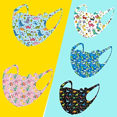 Kids Children Dinosaurs Cartoon Face Mask, Washable Face Shield Cover, Anti-Dust, Reusable 5Pcs