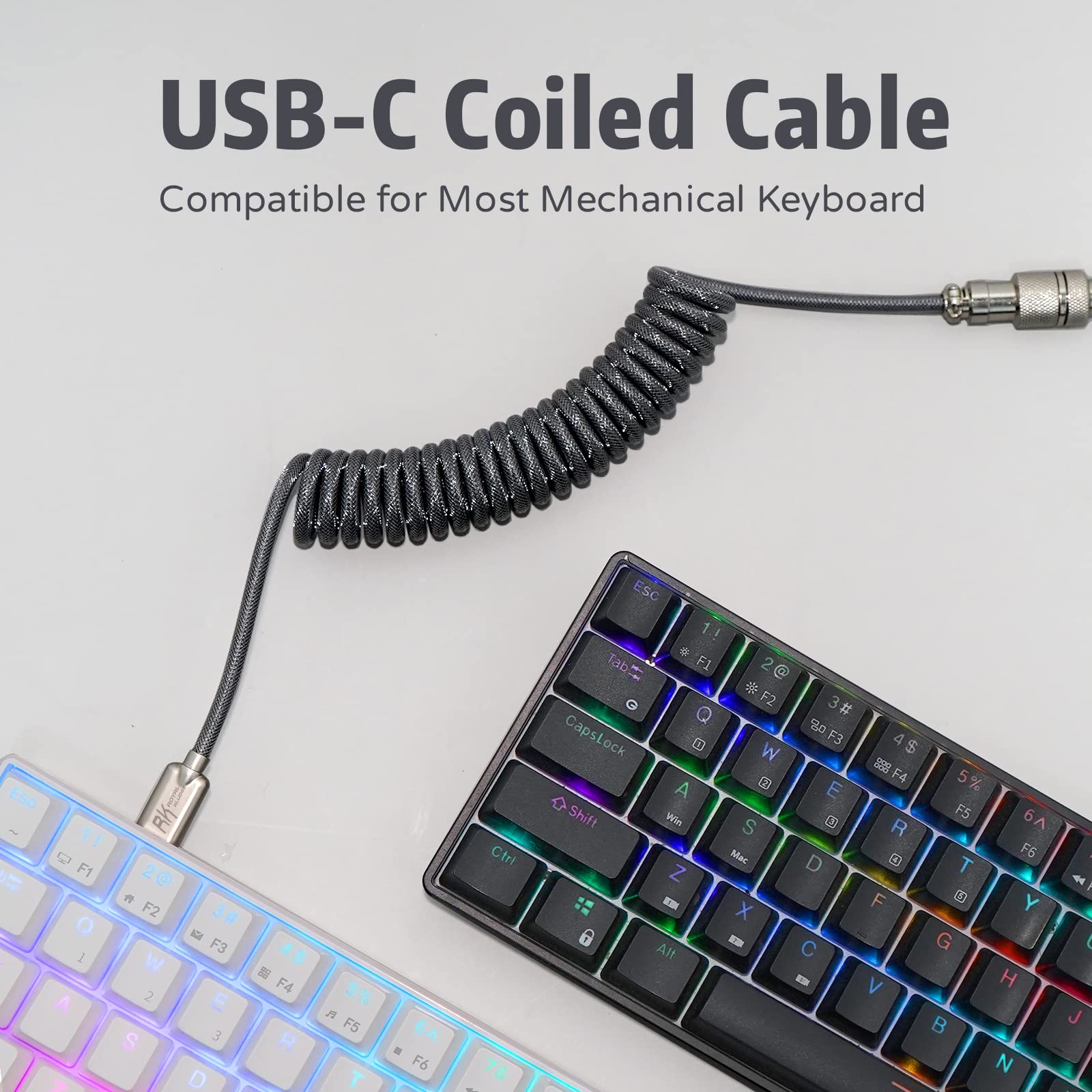 RK ROYAL KLUDGE Coiled Keyboard Cable, USB C Custom Cord for Mechanical Gaming Keyboard, Double-Sleeved Wire with Metal Aviator Connector, 5ft-Black