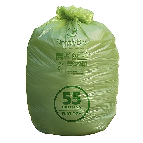 Simply Bio 55 Gallon Compostable Trash Bag with Flat Top, Heavy Duty Extra Thick 1.57 Mil, 12 Count, 208.2 Liter, Large Lawn Yard Waste Bag, ASTM D6400, US BPI and Europe OK Compost Certified
