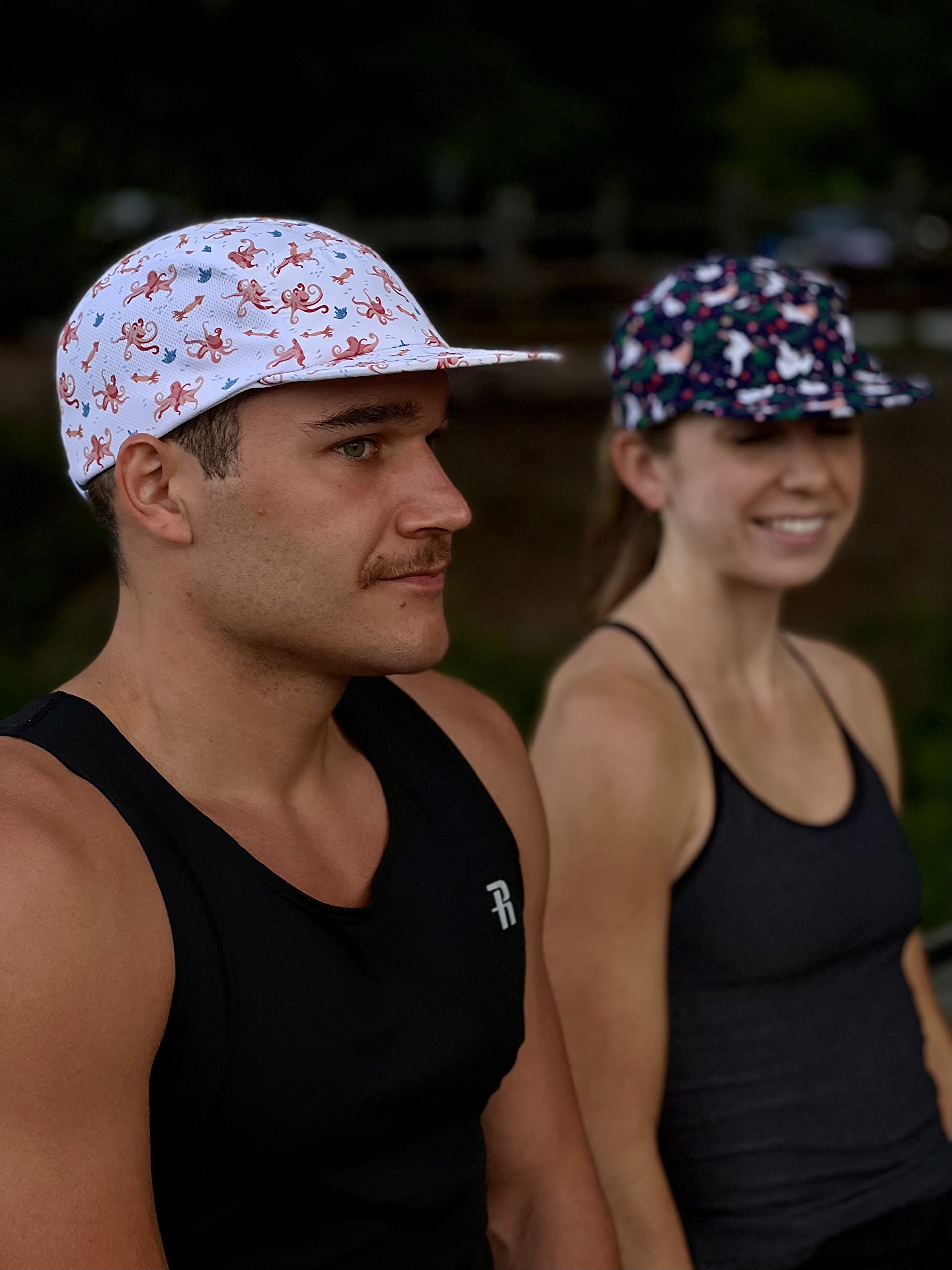 Men's and Women's 5 Panel Hat, Washable & Packable Running Hat (Big Quad Cephalopod: White)