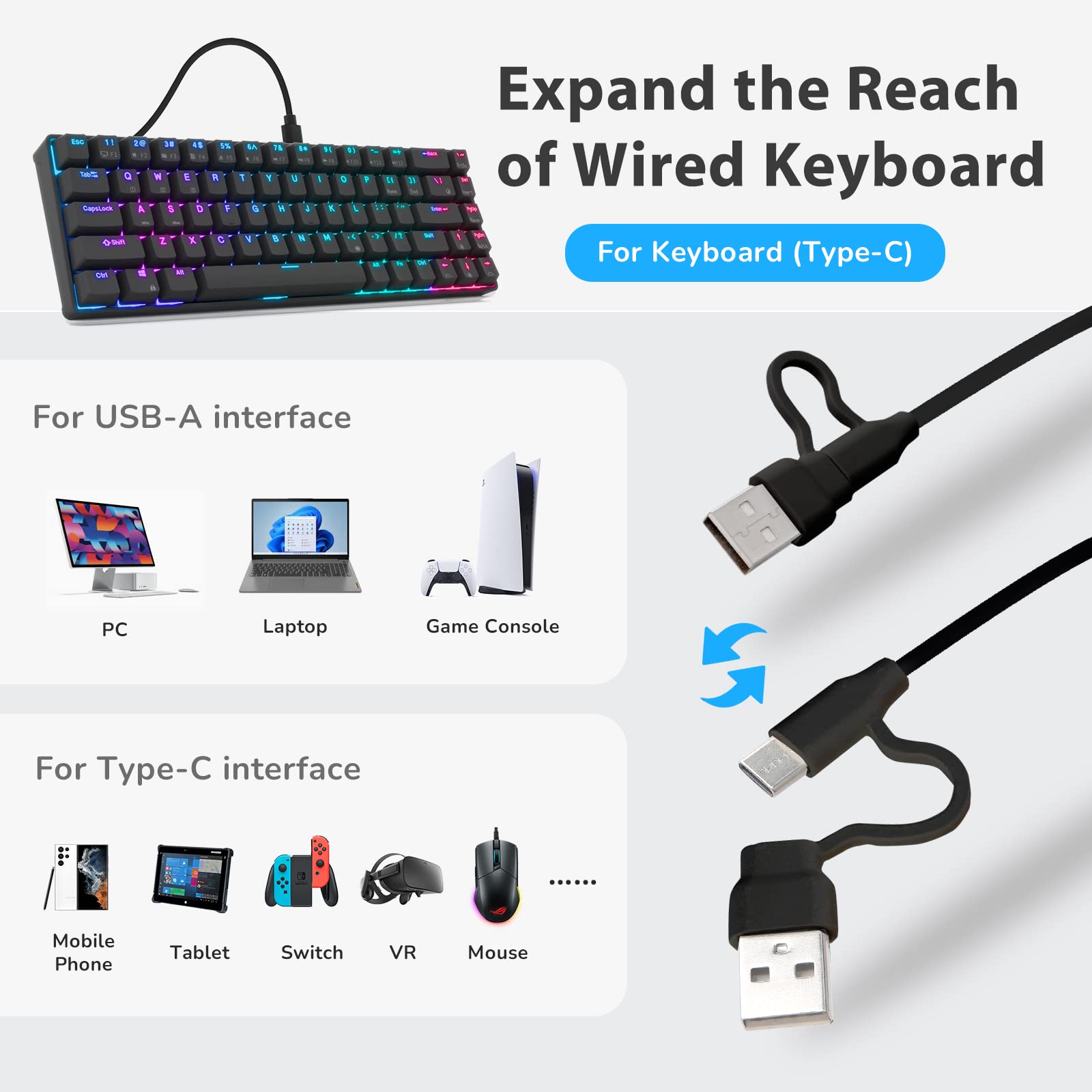 RK ROYAL KLUDGE USB C Keyboard Cable [6ft-60W], 3.1A Fast Charging Keyboard Cord 2-in-1 USB A/C to USB Charger Cable for Mechanical Keyboard, MacBook pro, iPad Pro, Galaxy S20-Black