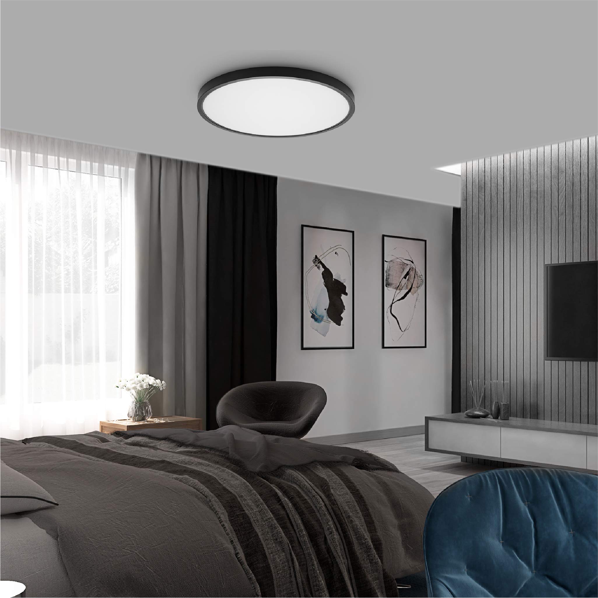 TALOYA LED Ceiling Light Office Black,3 Color Temperatures in One(3000k/4000k/6000k),15.8 Inch Thin Flat Modern Flush Mount LED Light Fixture for Living Room,24w Round