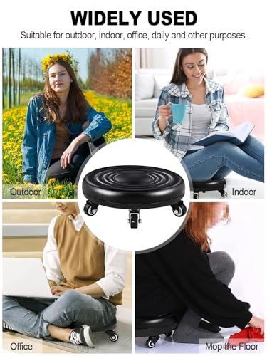Lanstics Low Roller Seat Short Stools with Wheel Chair PU Leather Rolling Stool Seats Universal Wheels for Home Office Fitness Round Roller Seat Stool (Black)
