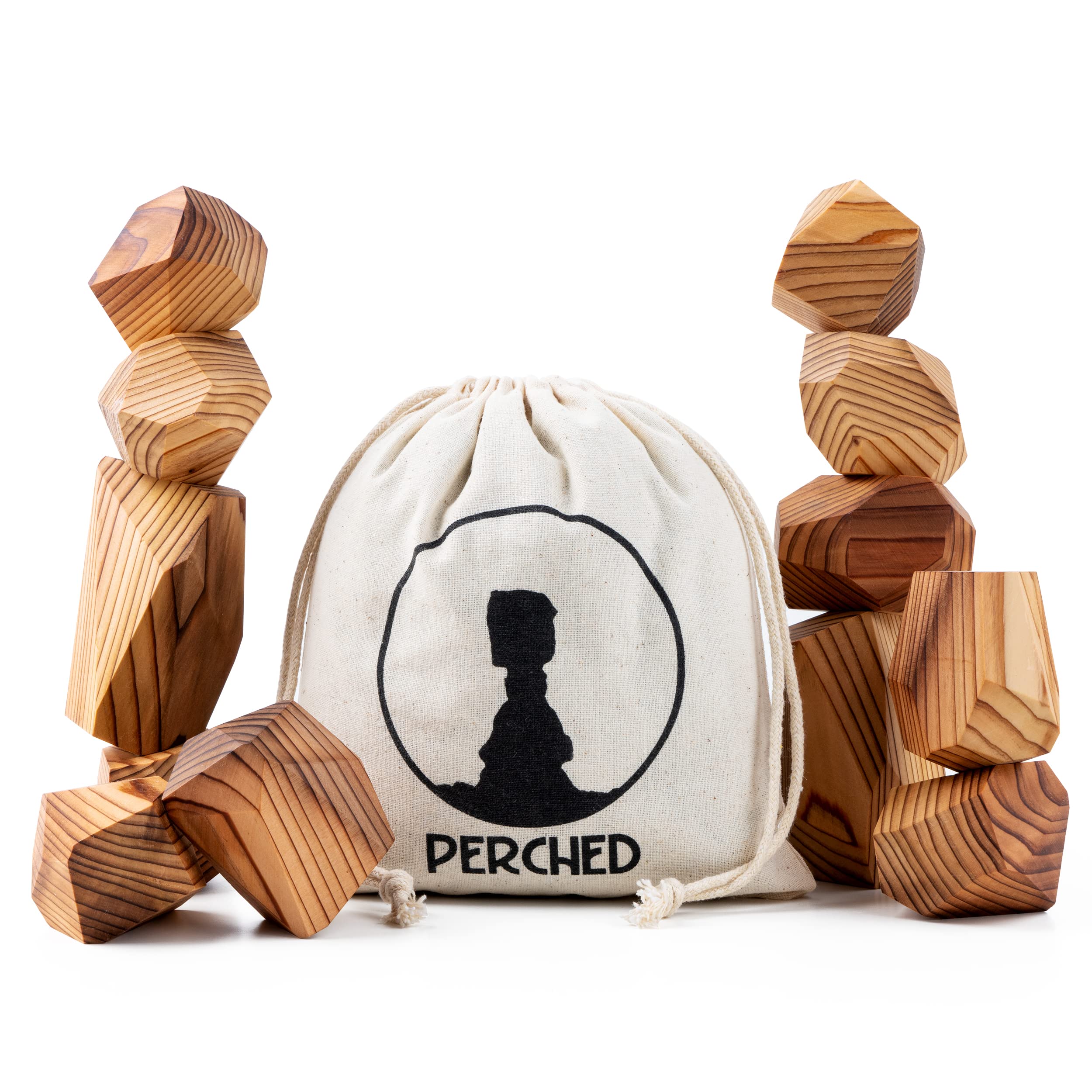 PERCHED Natural Cedar Stacking Rocks, Large Wooden Blocks, Montessori Puzzle Game, Toddler Toys For Classroom, Wood Balancing Stones Set (12 Pc)
