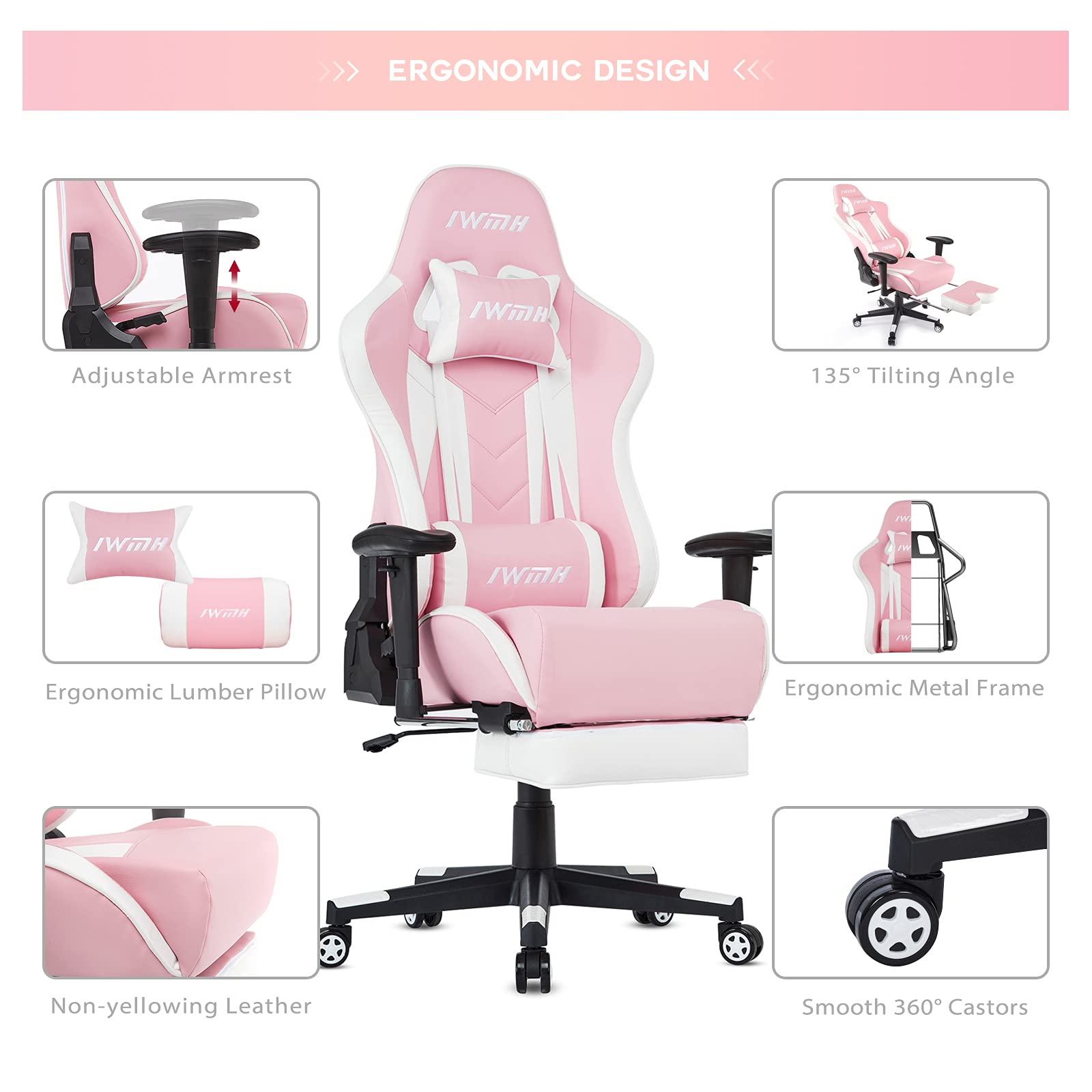 IWMH Gaming Chair with Footrest Ergonomic, High Back Reclining Computer Desk Chair for Home Office, Adjustable Leather Racing Chair with Headrest Lumbar Support (Pink)