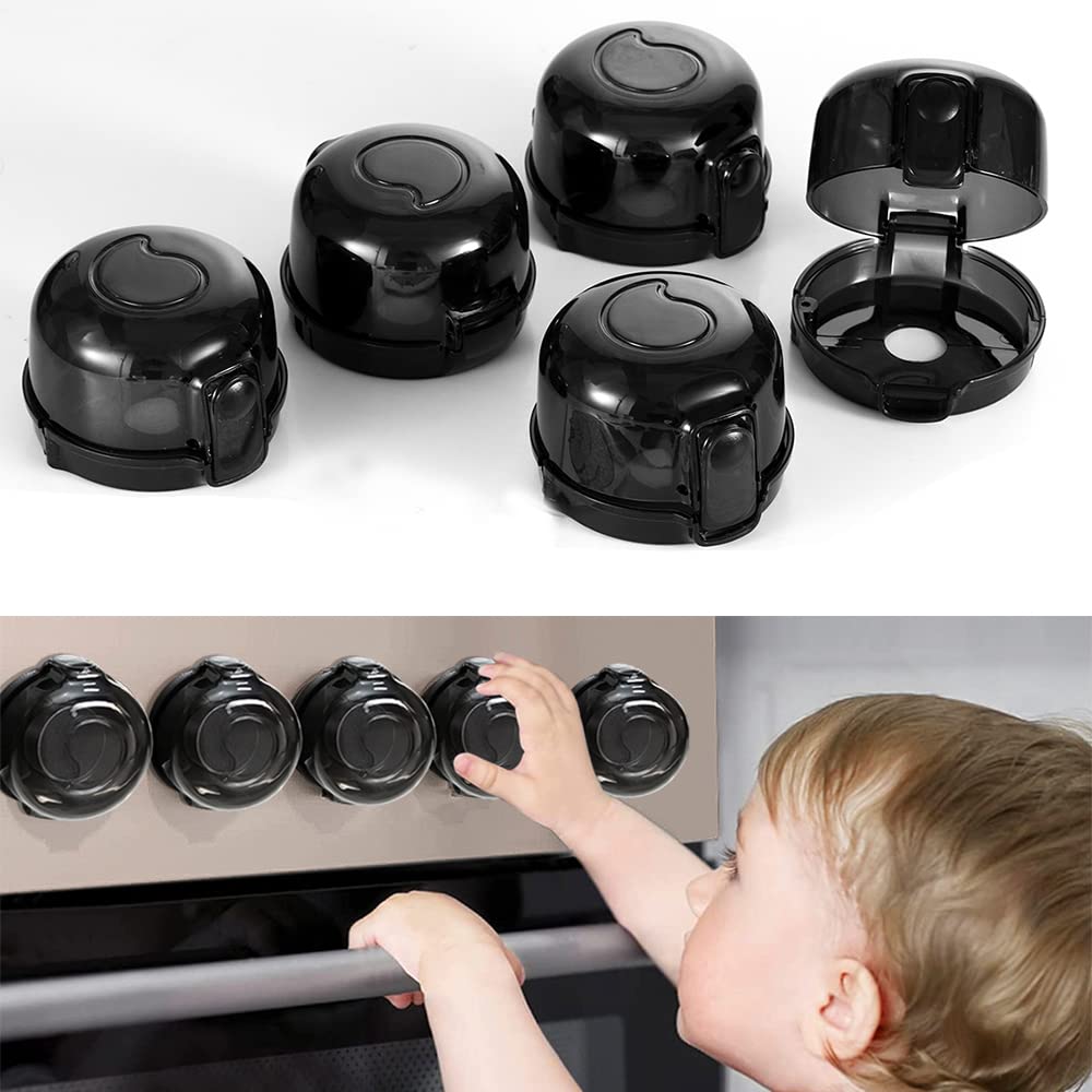 Stove Knob Covers Child Safety - Pack 5 Upgraded Double-Key Locks Gas Stove Knob Covers, Oven Stove Baby Proof Knobs for Gas Range Guard Kitchen Childproof/Kids Proofing, Universal Clear Black
