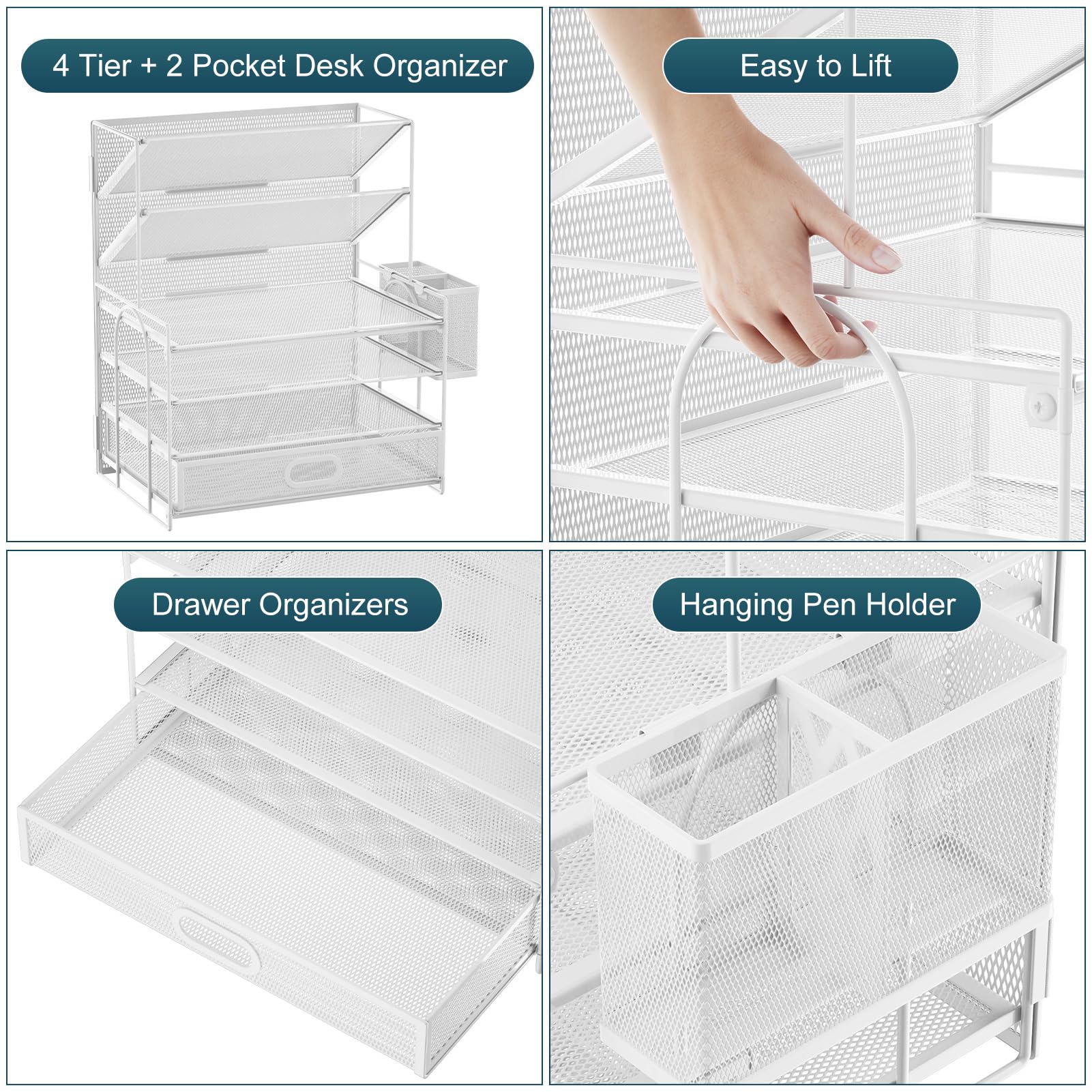 Marbrasse Desk Organizer with Drawer, 4-Tier File Organizer Paper Tray with 2 Pockets File Holder and Pen Holder, Mesh Desk Organizers and Accessories, Desktop Organizer for Home Office (White)