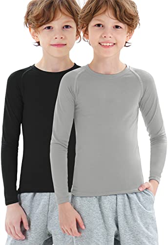 MRIGNT 2 Pack Youth Boys Thermal Compression Shirts Long Sleeve Fleece Baselayer Soccer Baseball Running Base Layer Undershirt