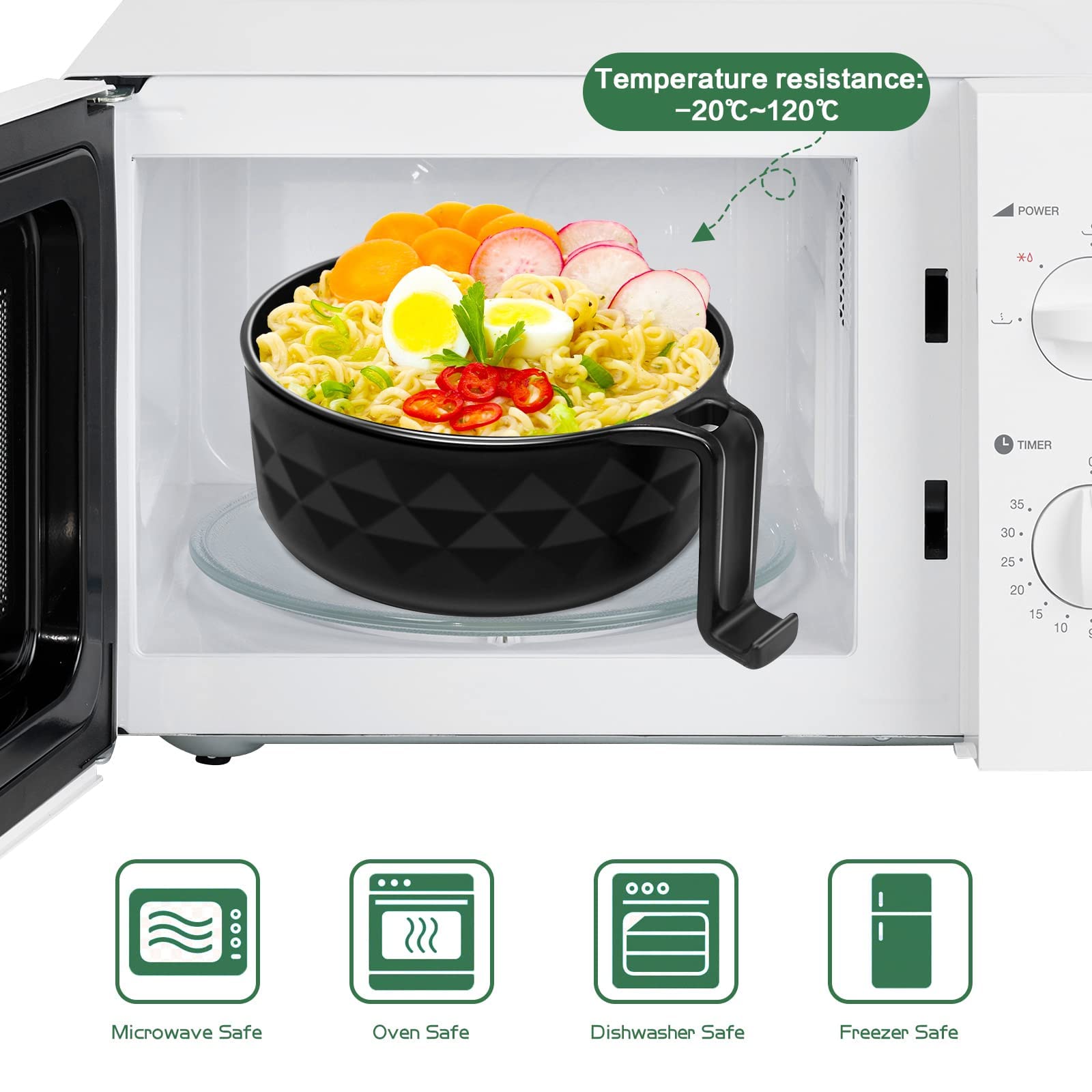 Microwave Ramen Bowl Set, Instant Noodle Bowl Ramen Bowl with Chopsticks, Drainage Bowl, Lid & Handle, College Dorm Room Essentials, Dishwasher-Safe, BPA-Free (Black/1 Set)
