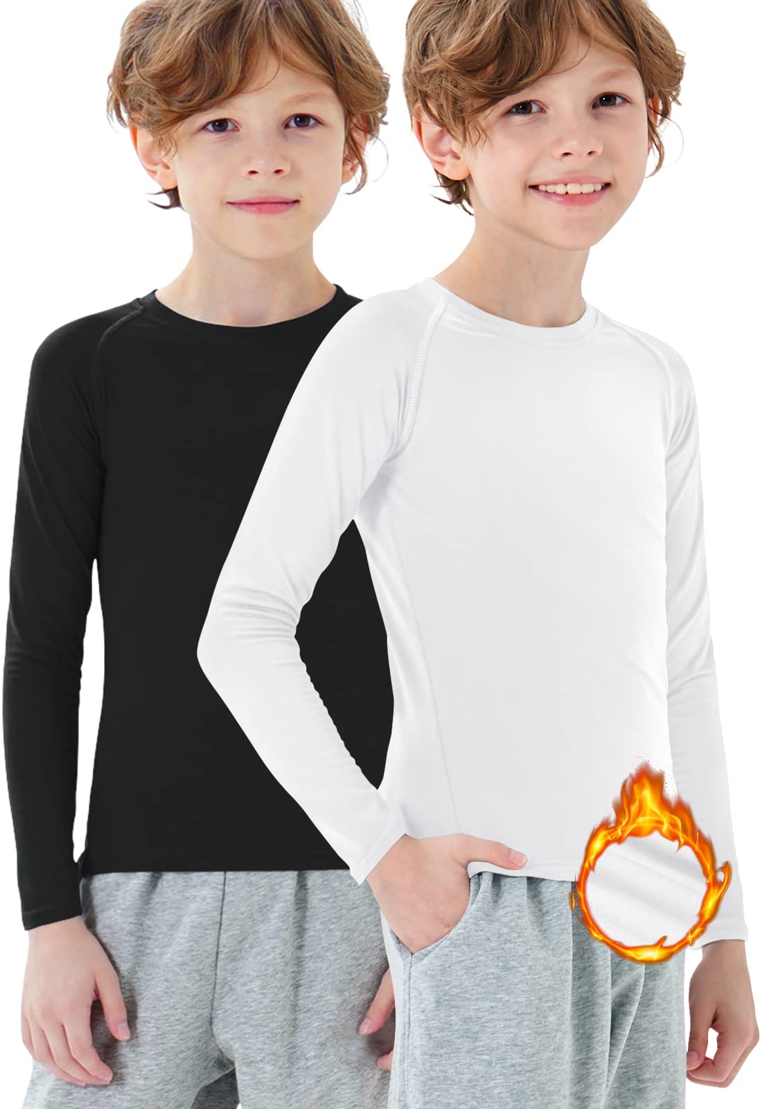 MRIGNT 2 Pack Youth Boys Thermal Compression Shirts Long Sleeve Fleece Baselayer Soccer Baseball Running Base Layer Undershirt