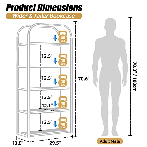 TooCust 5-Tier Gold Bookcase, 29.5" Lx70.6 H, Bookshelf for Bedroom,Gold Book Display Shelf, Arched Bookcase, Organizer Rack for Living Room, Gold Freestanding Display Shelf,White and Gold Bookshelf