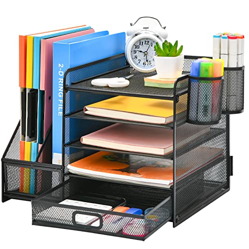 Marbrasse Mesh Desk Organizer with File Holder + Wooden Paper Letter Tray Organizer with Drawer and Pen Holder