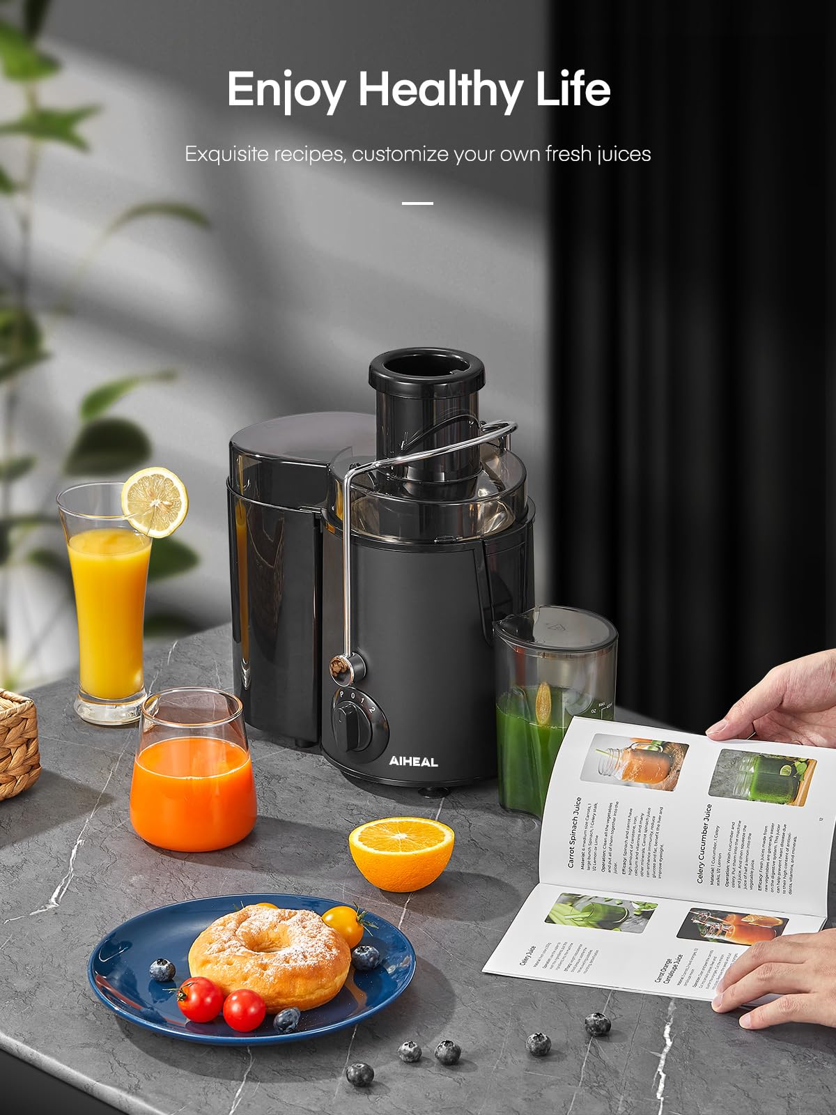 Juicer Machines, Aiheal Juicer Vegetable and Fruit Easy to Clean, Centrifugal Juicer with 3β Wide Mouth, 3 Speed Control, Overload Protection System, Cleaning Brush and Recipe Included, Black