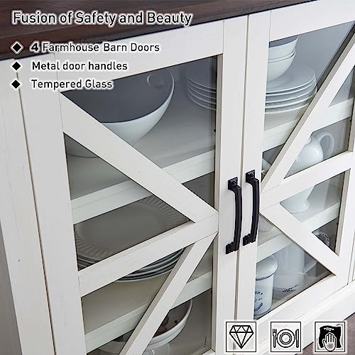 SinCiDo Farmhouse Buffet Cabinet with Storage, 70" Wood Sideboard Storage Cabinet w/4 Glass Barn Doors & Adjustable Shelf, Bar Cabinet for Kitchen, Dining Room, Hallway, White