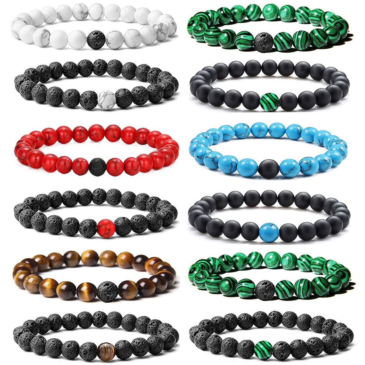 MOZAKA 2-12Pcs Mens Beaded Bracelets Couples Matching Bracelet Set Lava Rock Beads for Women Stone Jewelry, Stone, hematite