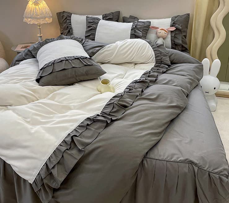 Intertest Duvet Cover Queen,Korean Princess Style Bedding Set,100% Washed Cotton 4 Pieces Solid Duvet Cover Set Lightweight Soft Queen Sheet Set Zipper Closure Breathable(No Comforter
